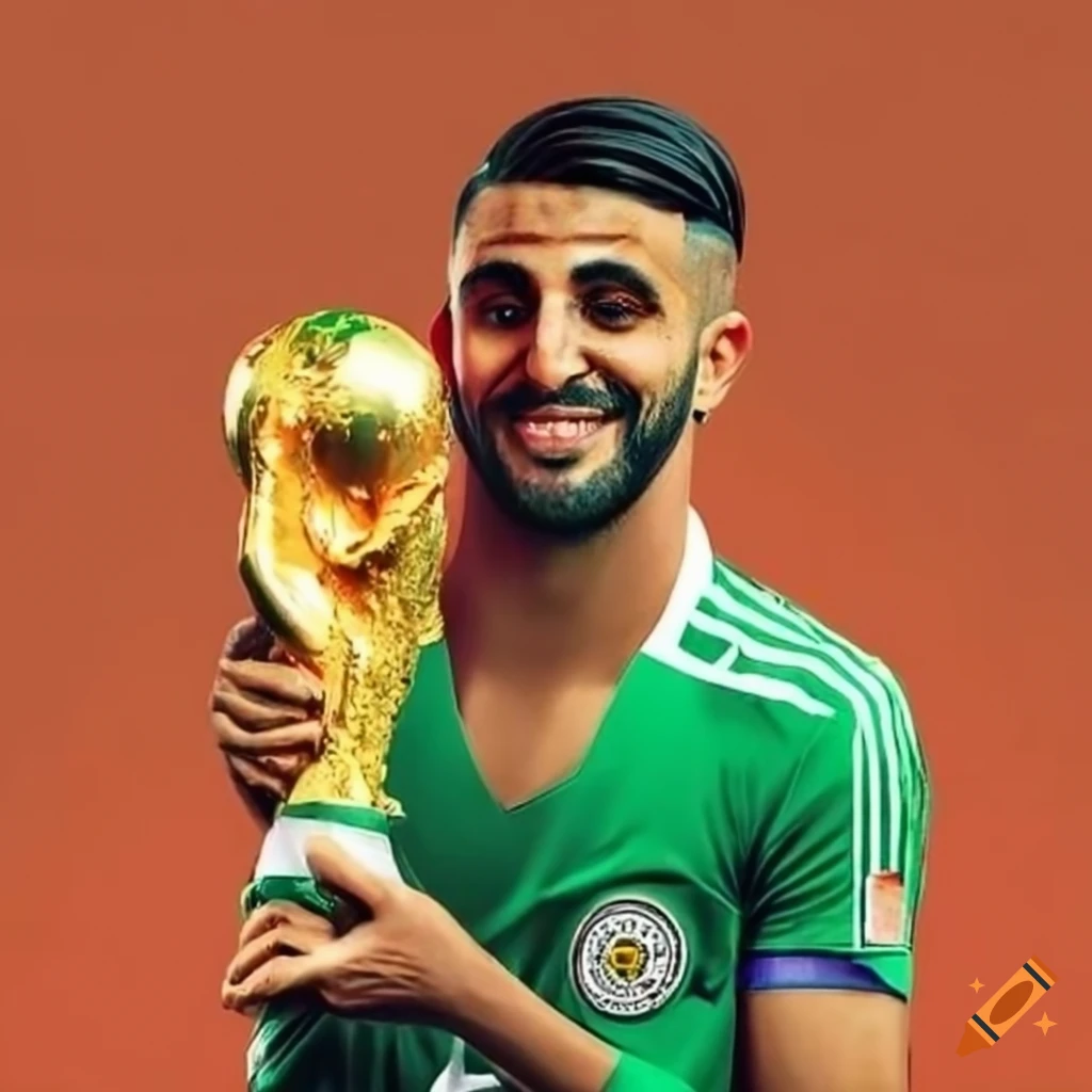 Mahrez holding the world cup trophy on a classic soccer field on Craiyon