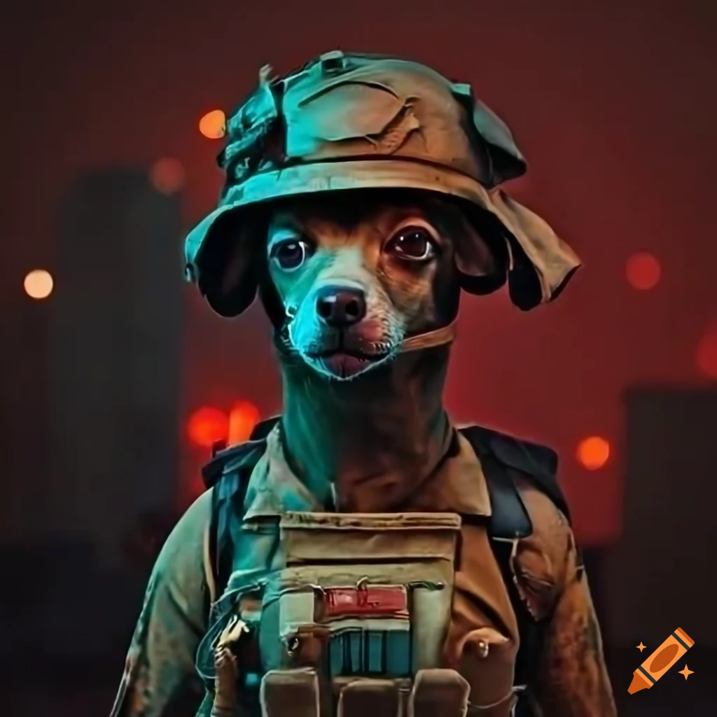 Mexican tactical chihuahua in a urban setting with neon sign on Craiyon