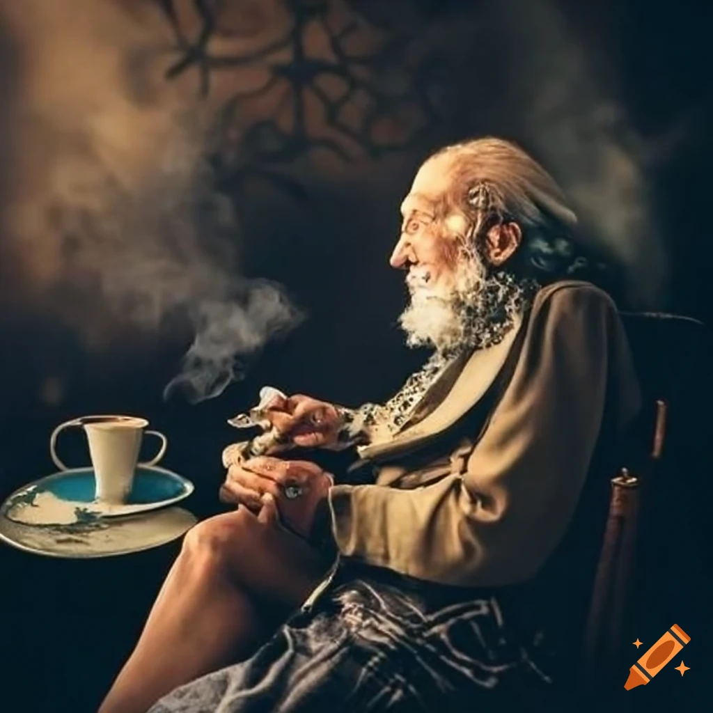 Old hippie enjoying a joint and coffee under the stars on Craiyon