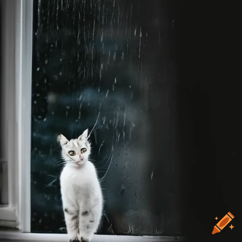 Cat standing in front of a rainy window in cozy lighting on Craiyon