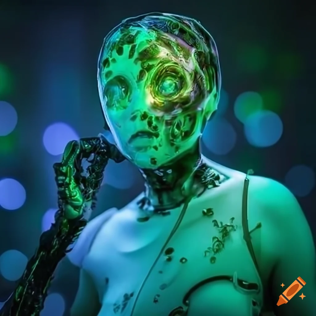 High-tech biopunk cyborg covered in glowing moss in a futuristic ...