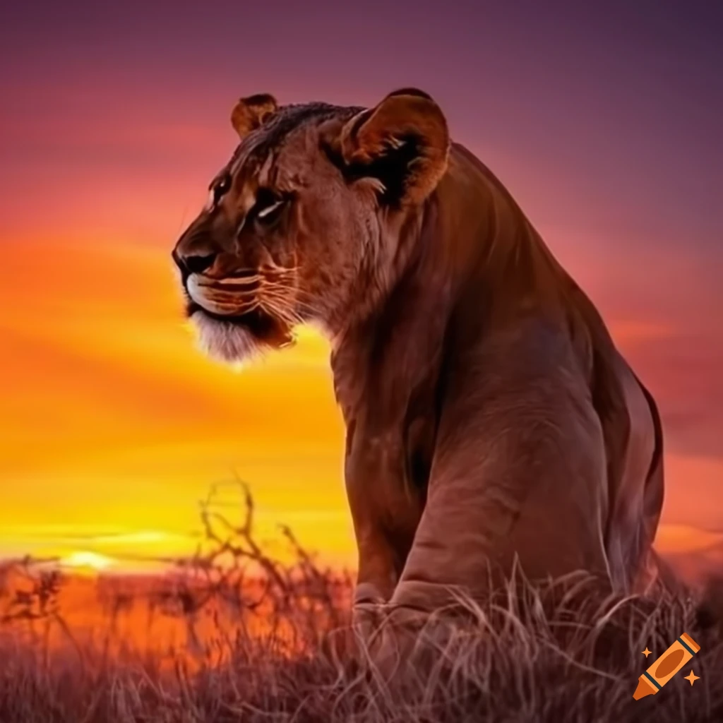 Lioness in a savannah at sunset on Craiyon