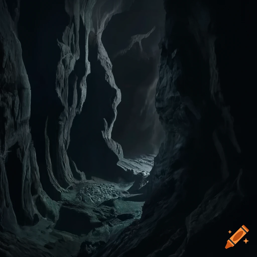 Top view of a dark chasm with climbing goblins on Craiyon