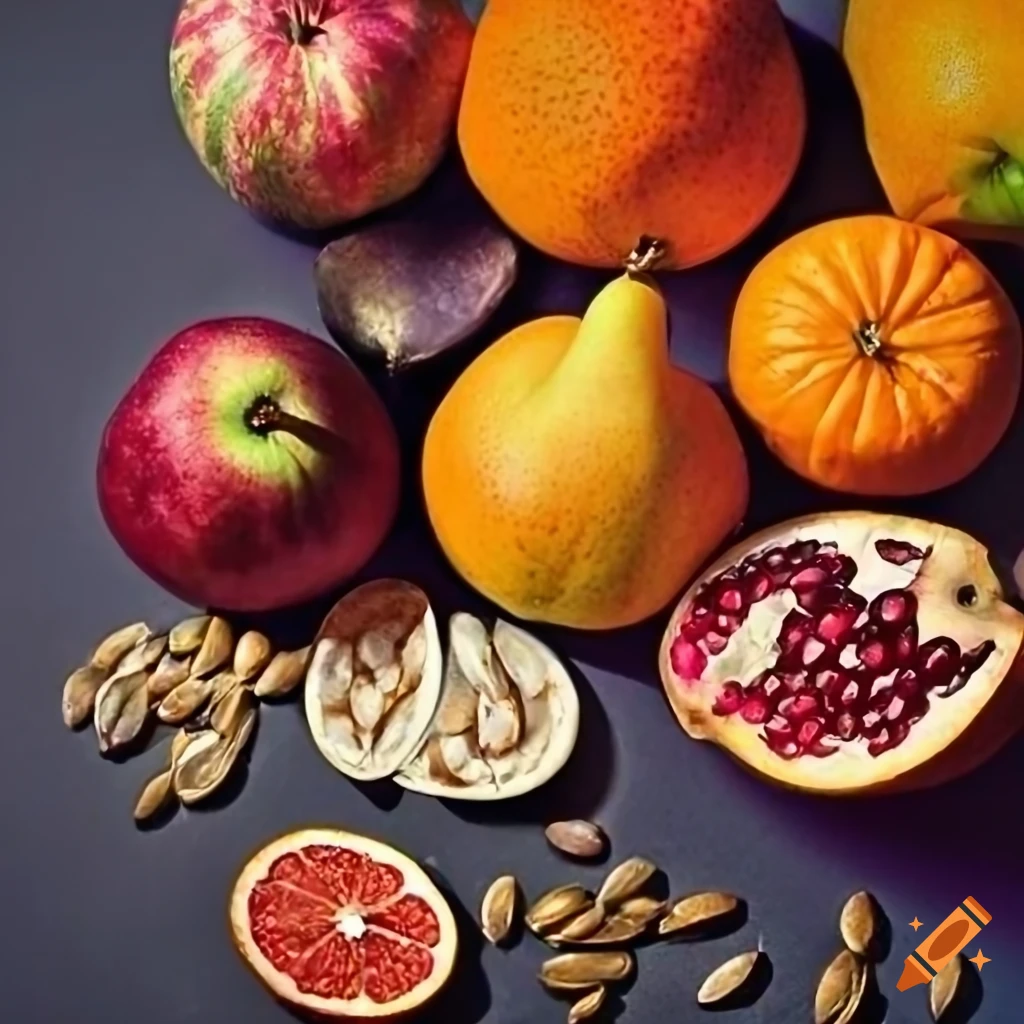 Colorful array of exotic fruits including apple, pear, orange ...