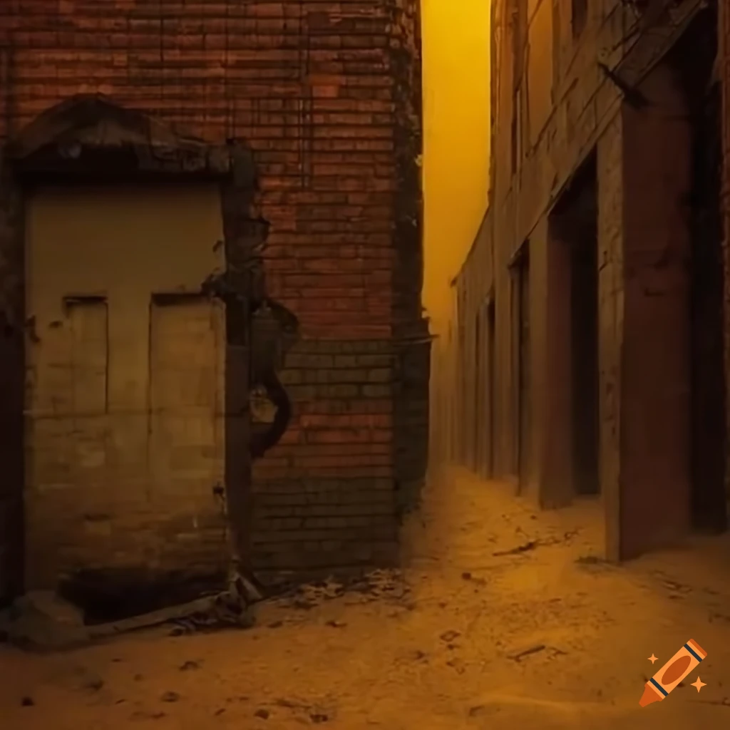 Close-up of crumbling abandoned buildings sinking into the ocean in a ...