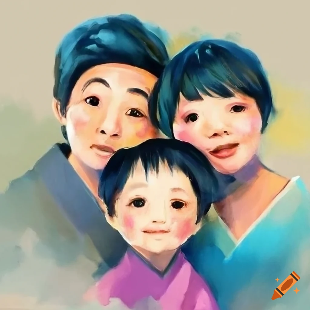 Painted illustration of a japanese family portrait on Craiyon