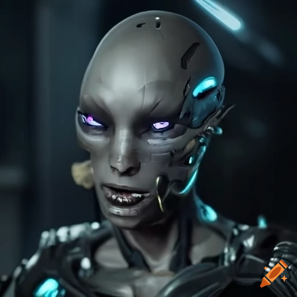Futuristic cyborg with a mad alien expression on Craiyon