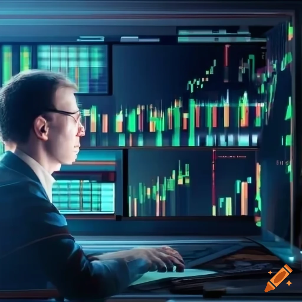 Trader working on computer with three screens on Craiyon