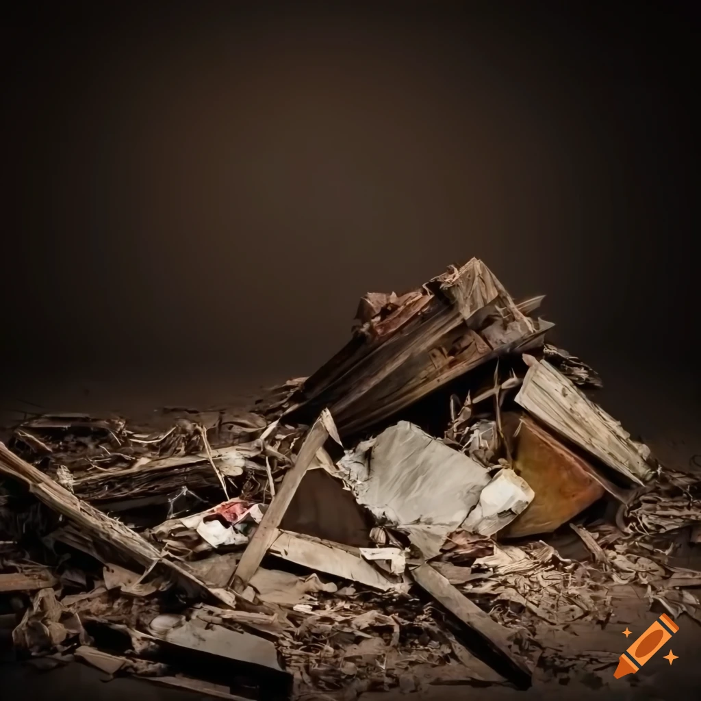 Still life in a pile of junk garbage in a destroyed landscape on Craiyon