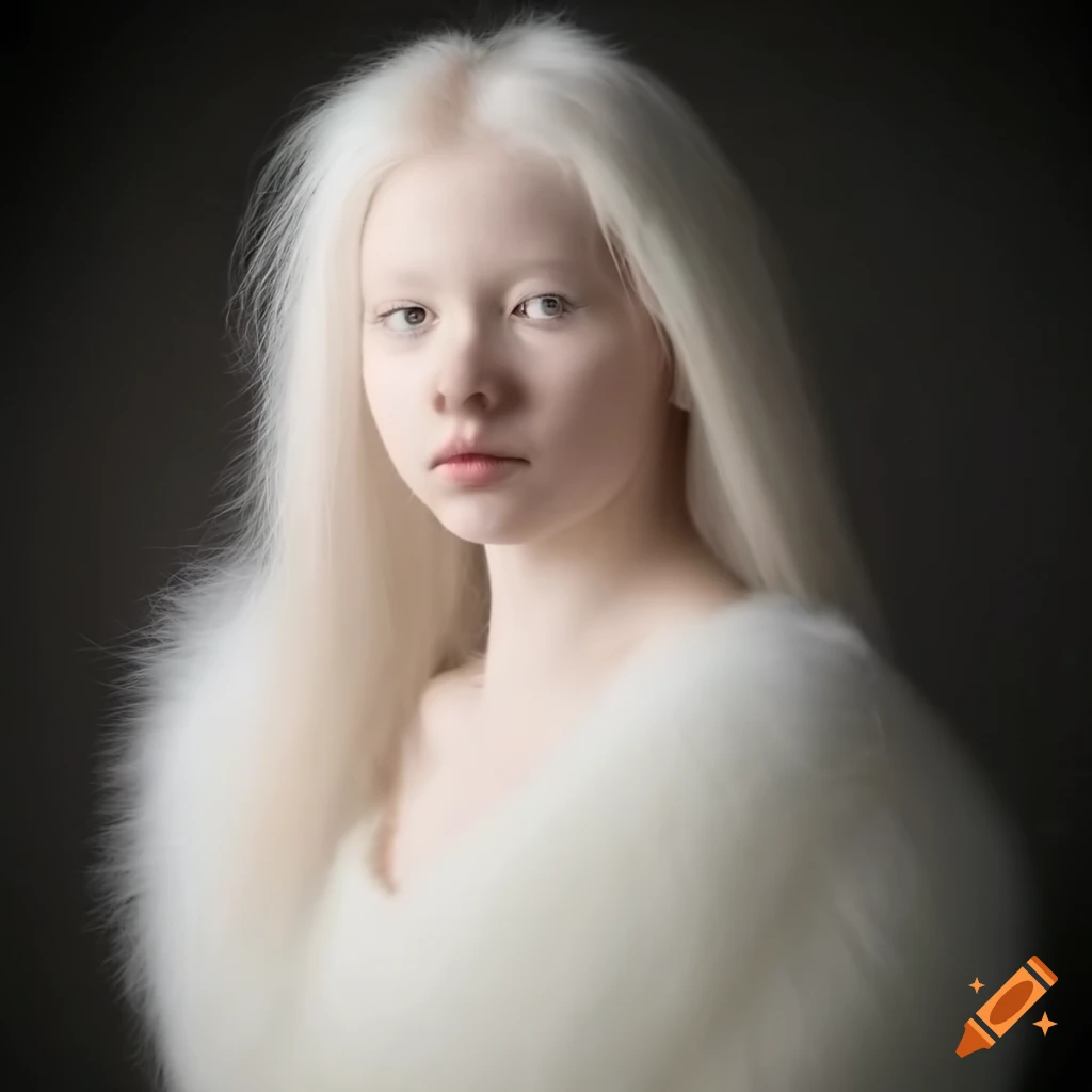 Blonde albino girl in a fluffy white angora sweater on Craiyon
