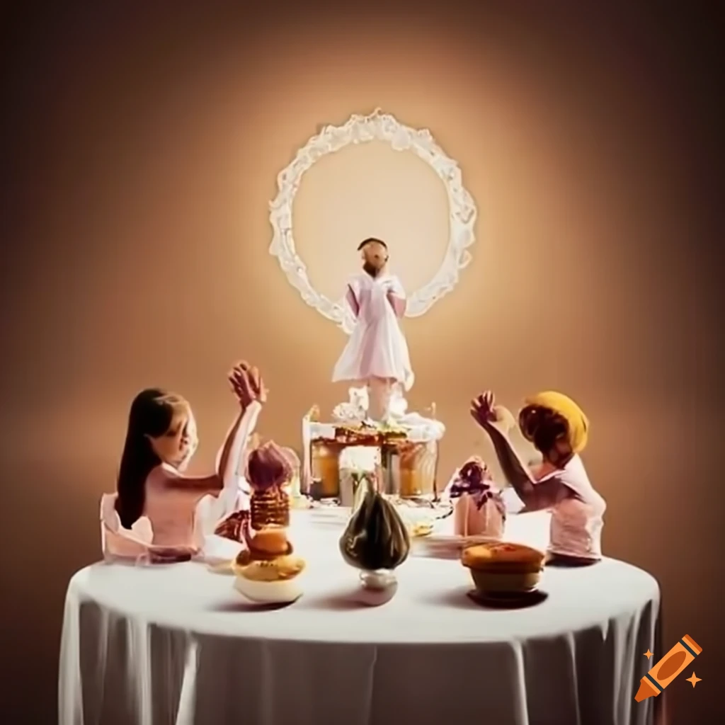 Diverse group of joyful people at a communion table on Craiyon