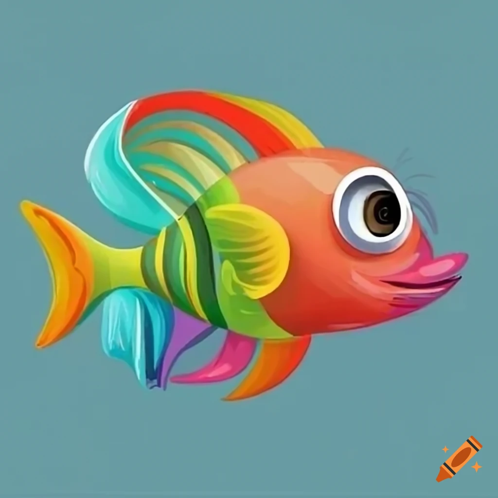 Cartoon rainbow colored fish swimming with a smile on Craiyon