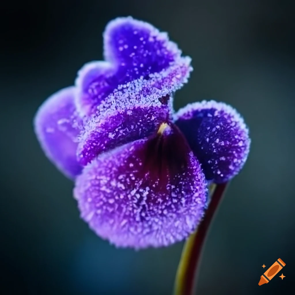 Closeup of violets covered in frost on Craiyon