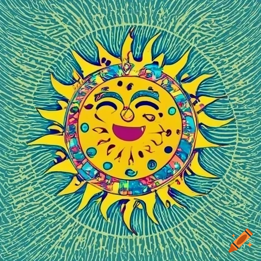 Smiling sun with colorful rays in an engraving style on Craiyon