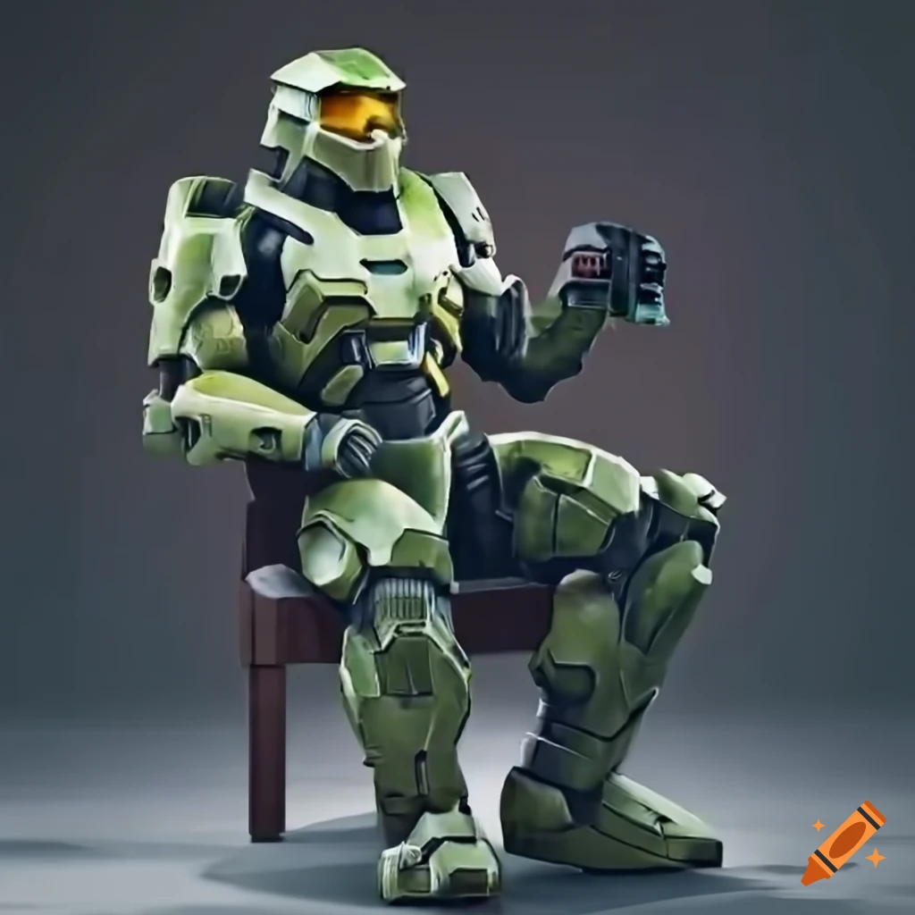Master chief in gray armor sitting with xbox controller on Craiyon