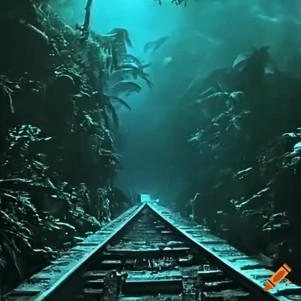 Train in the jungle with a blade runner style atmosphere on Craiyon