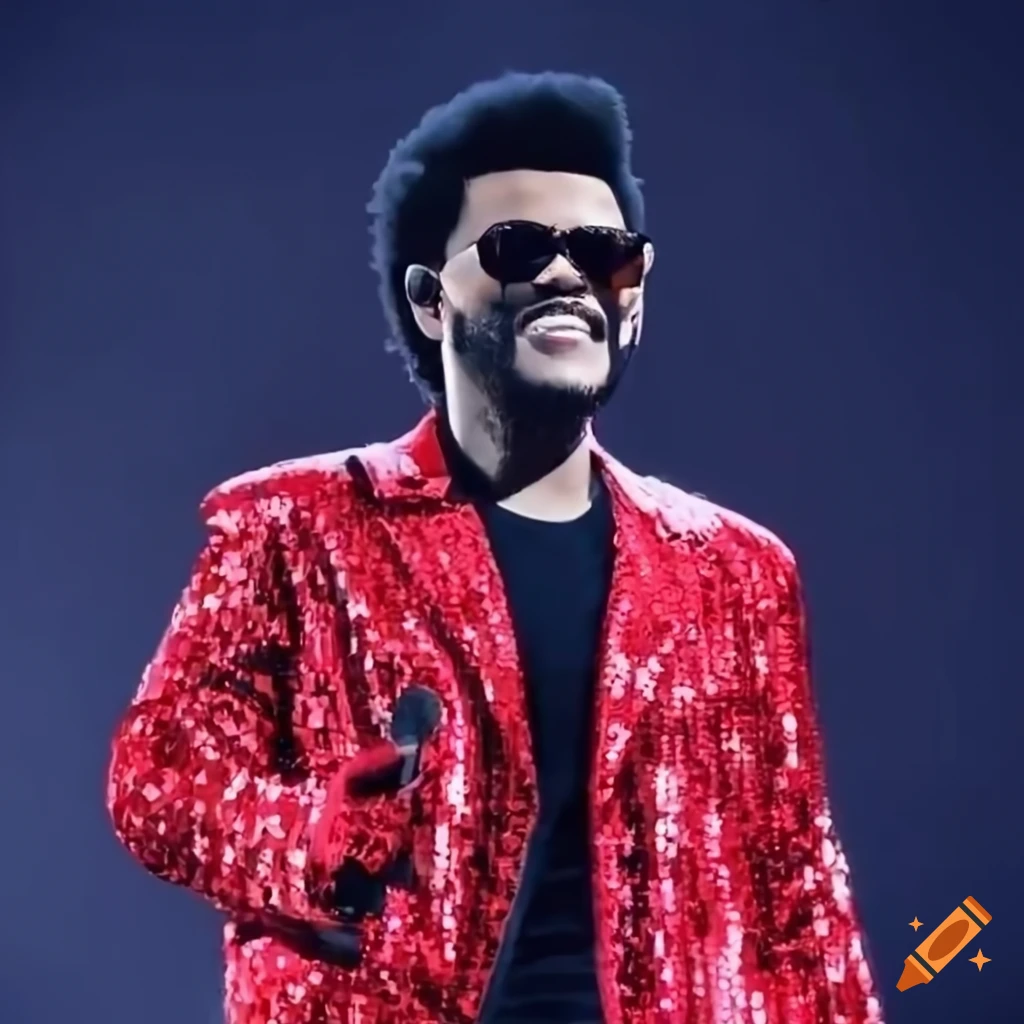 The Weeknd in red sequined jacket performing with a microphone on Craiyon