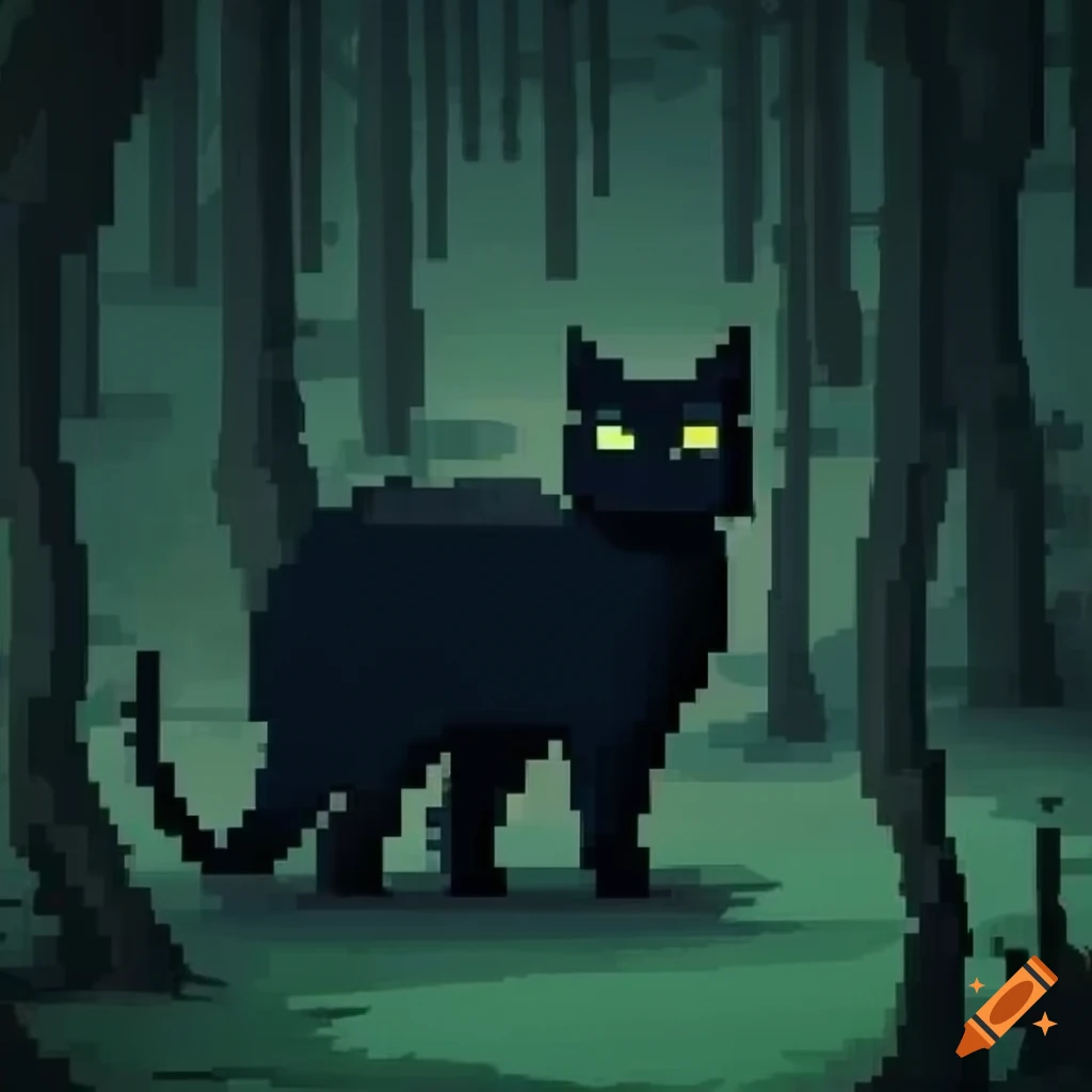 Pixel art of a black cat in a dark forest on Craiyon