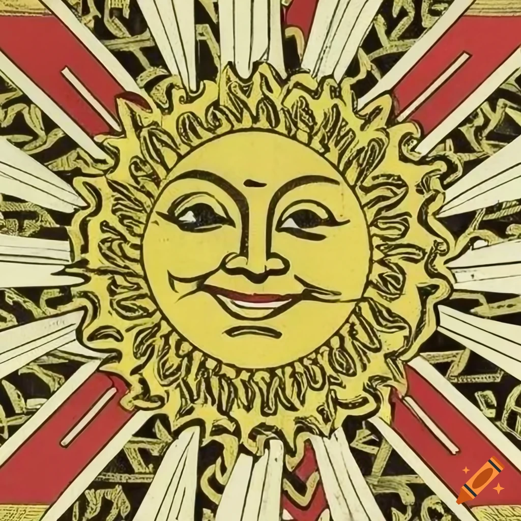 Art deco smiling sun with rays in colored engraving style on Craiyon