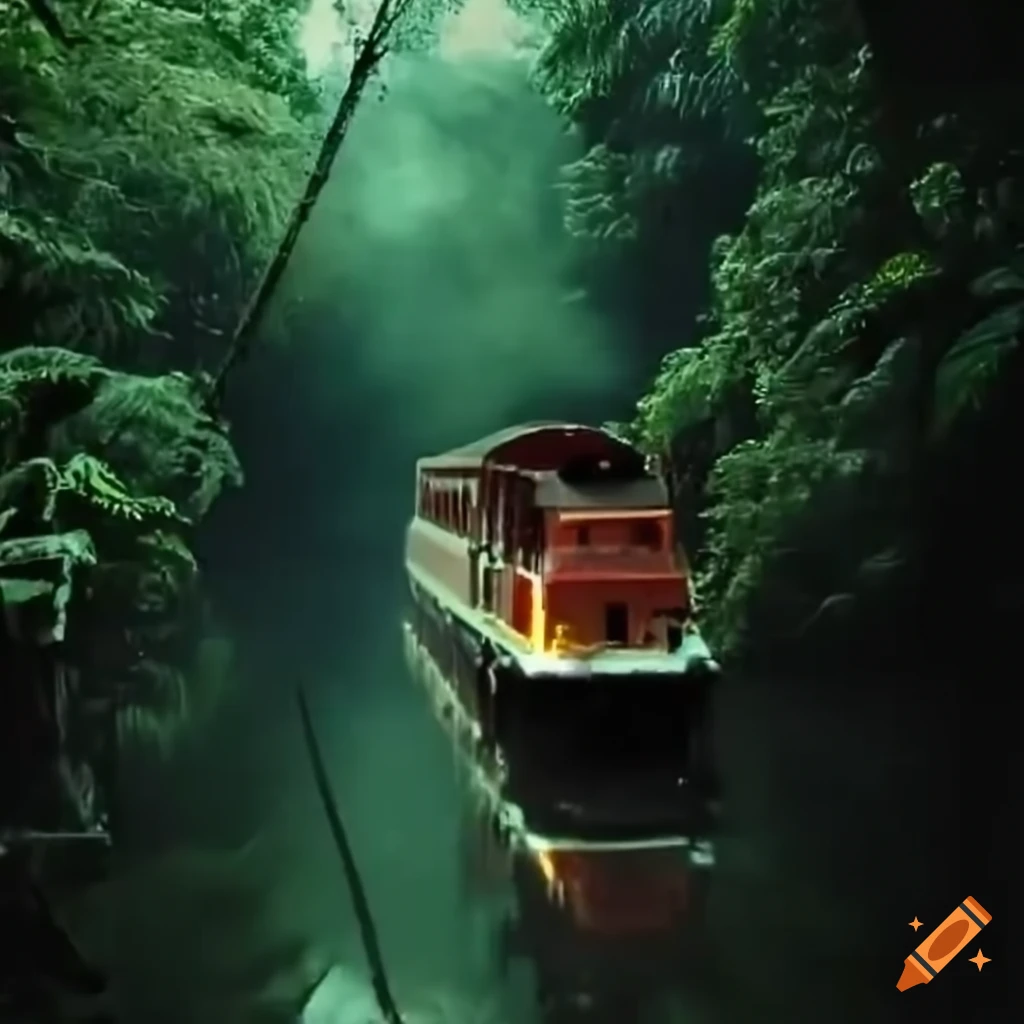 Train in the jungle with a blade runner style atmosphere on Craiyon