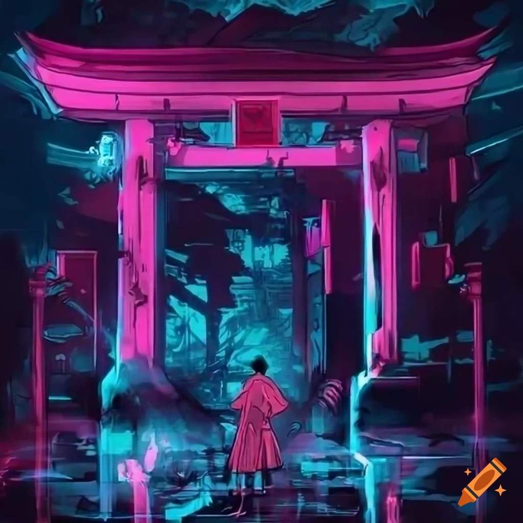 Cyberpunk neon ancient shrine with jujutsu kaisen character on Craiyon