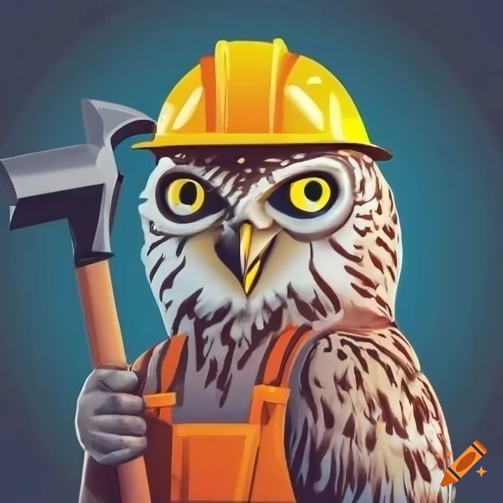 Owl construction worker with hammer and hardhat on Craiyon
