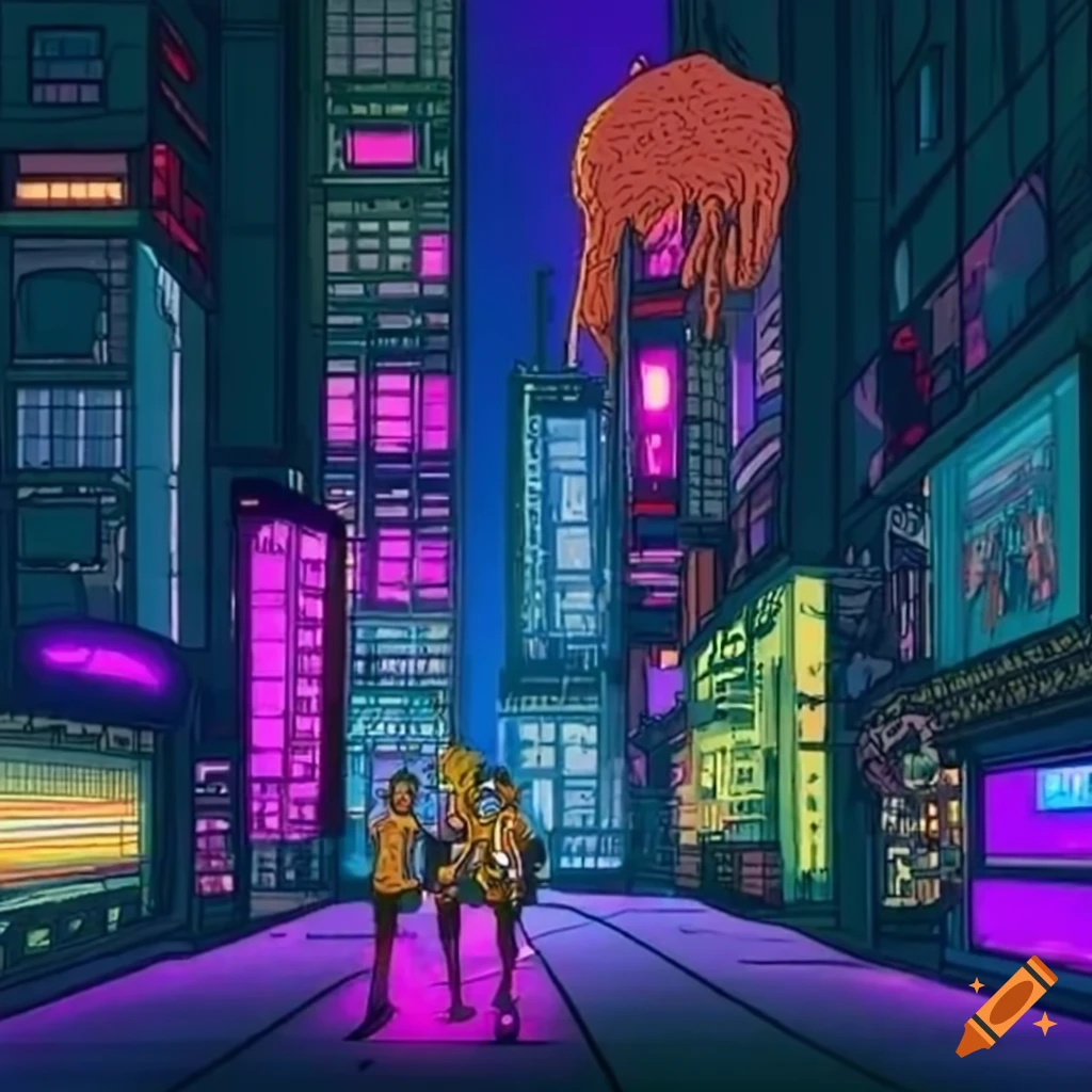 Animated characters in a cyberpunk-style cityscape in a cheerful night ...