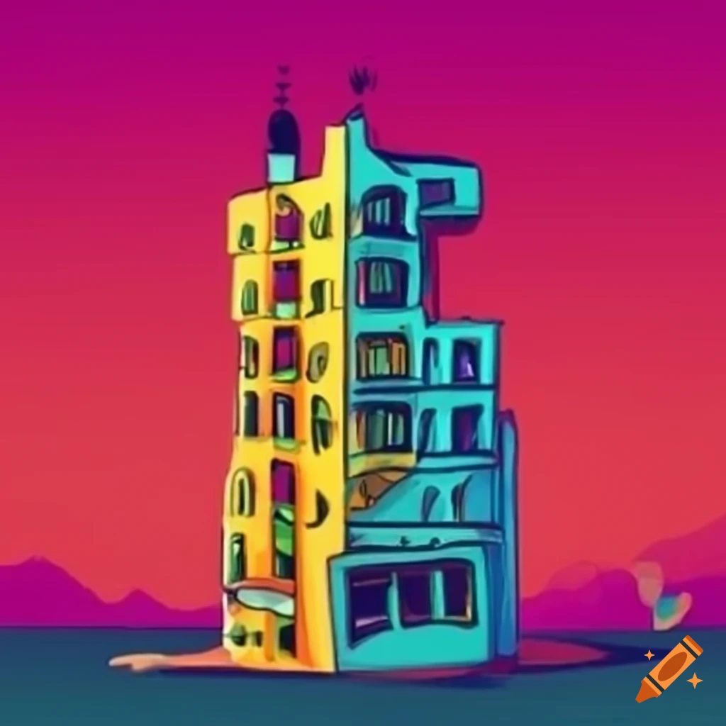 Simple drawing of a unique building on Craiyon