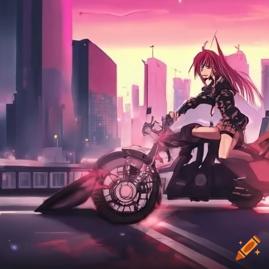 Futuristic vampire knight riding a motorcycle in the city in anime ...