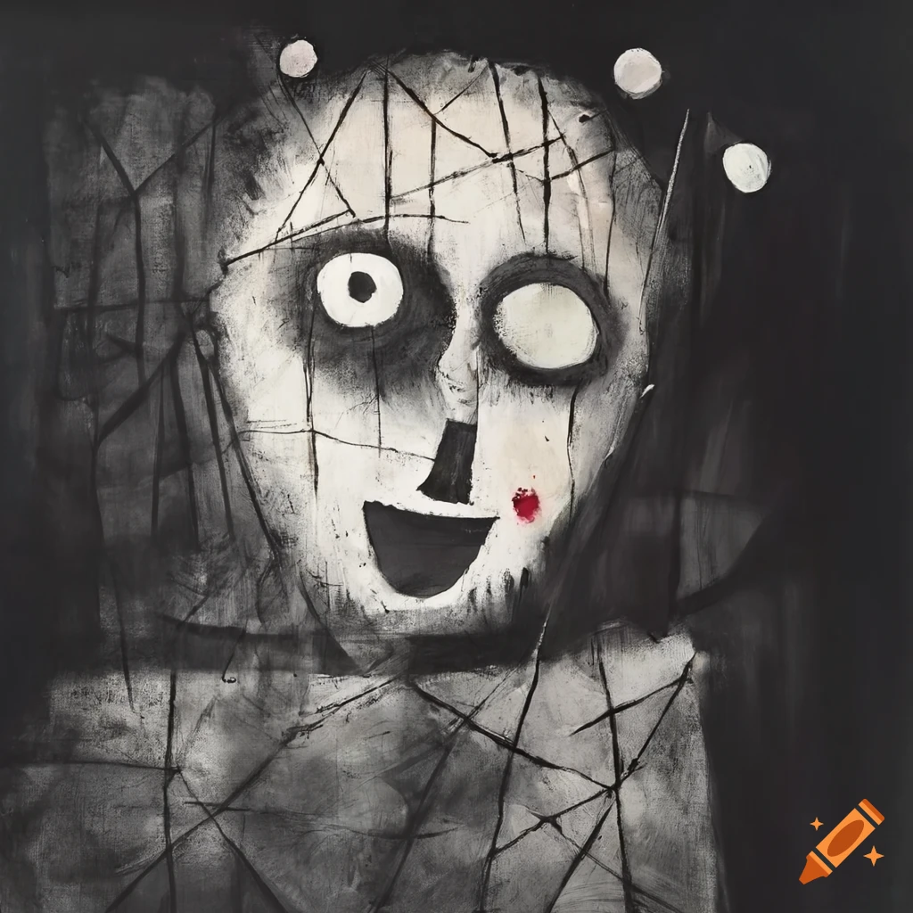 Abstract black and white art of a smiling wounded marionette on Craiyon