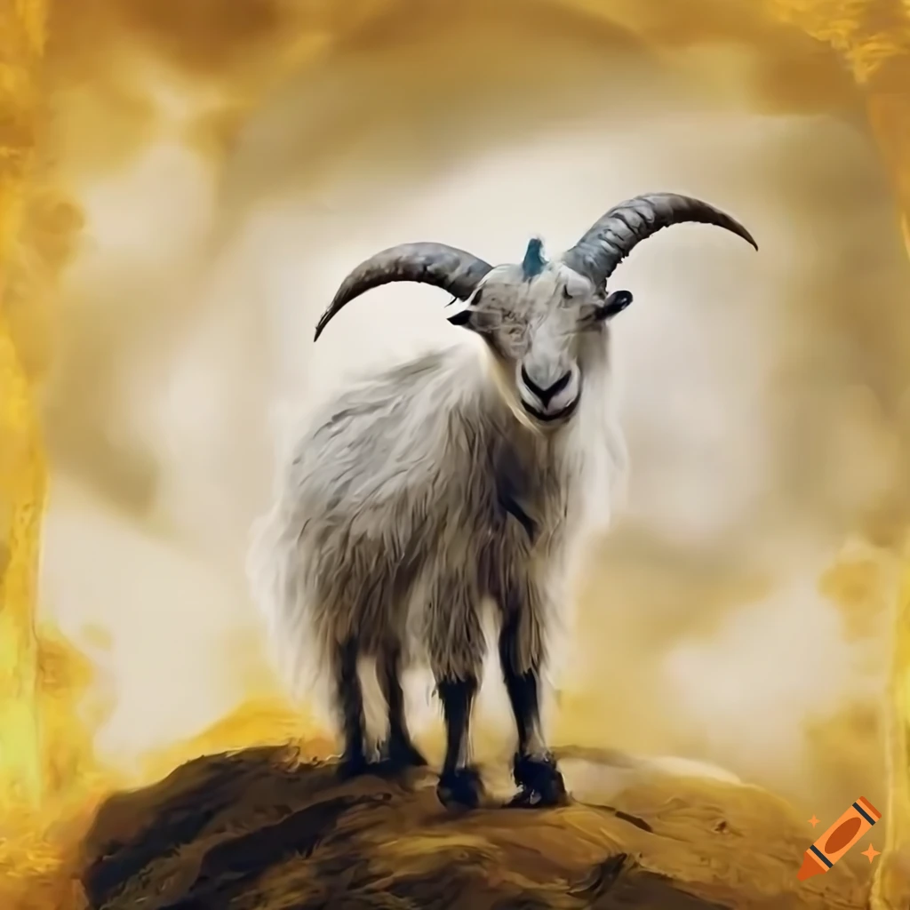 Fluffy goat with cape floating over blue mountains on gold leaf ...