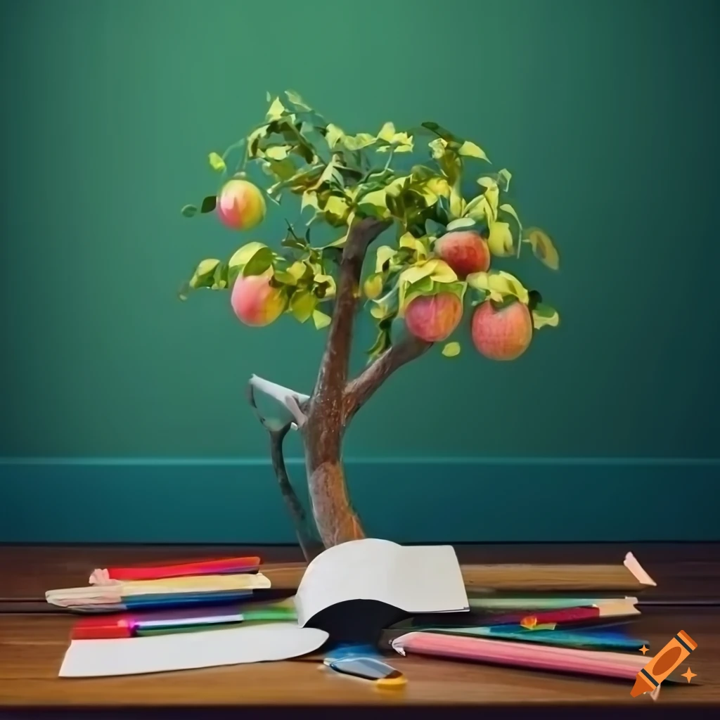 Apple tree growing from a desk in an elementary classroom with crayons ...