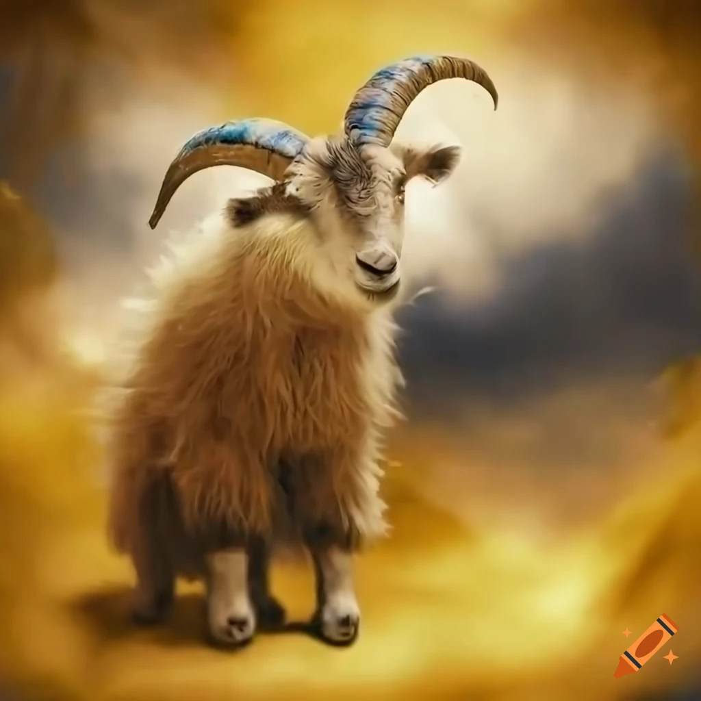 Fluffy goat with cape floating over blue mountains on gold leaf ...