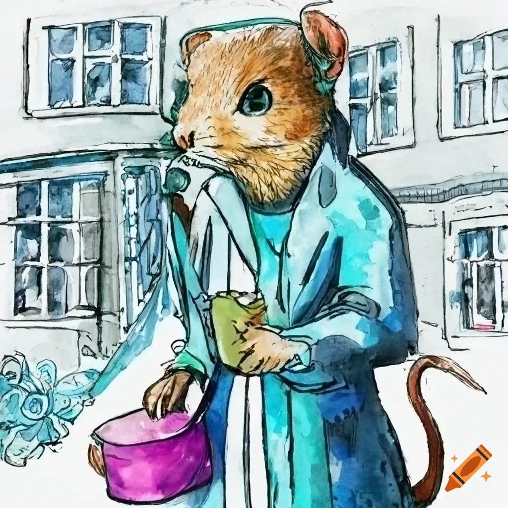 Illustration of female rat scientist with laboratory buildings in ink ...