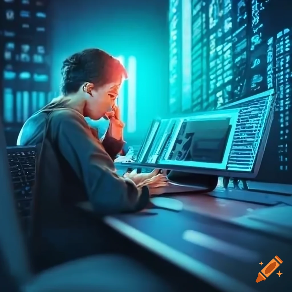 Programmer coding in front of multiple pcs on Craiyon