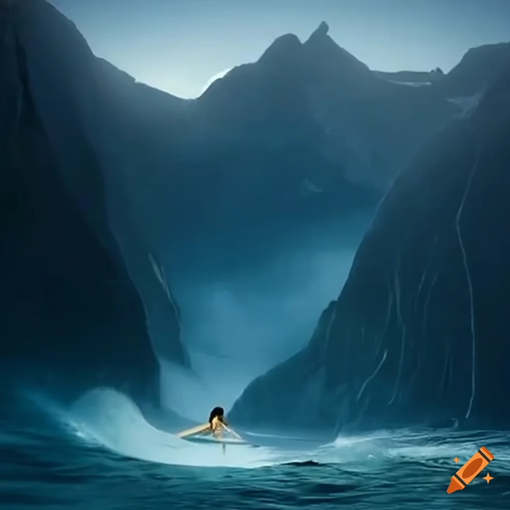 Surfer riding a tsunami down a mountain with a fridge on Craiyon