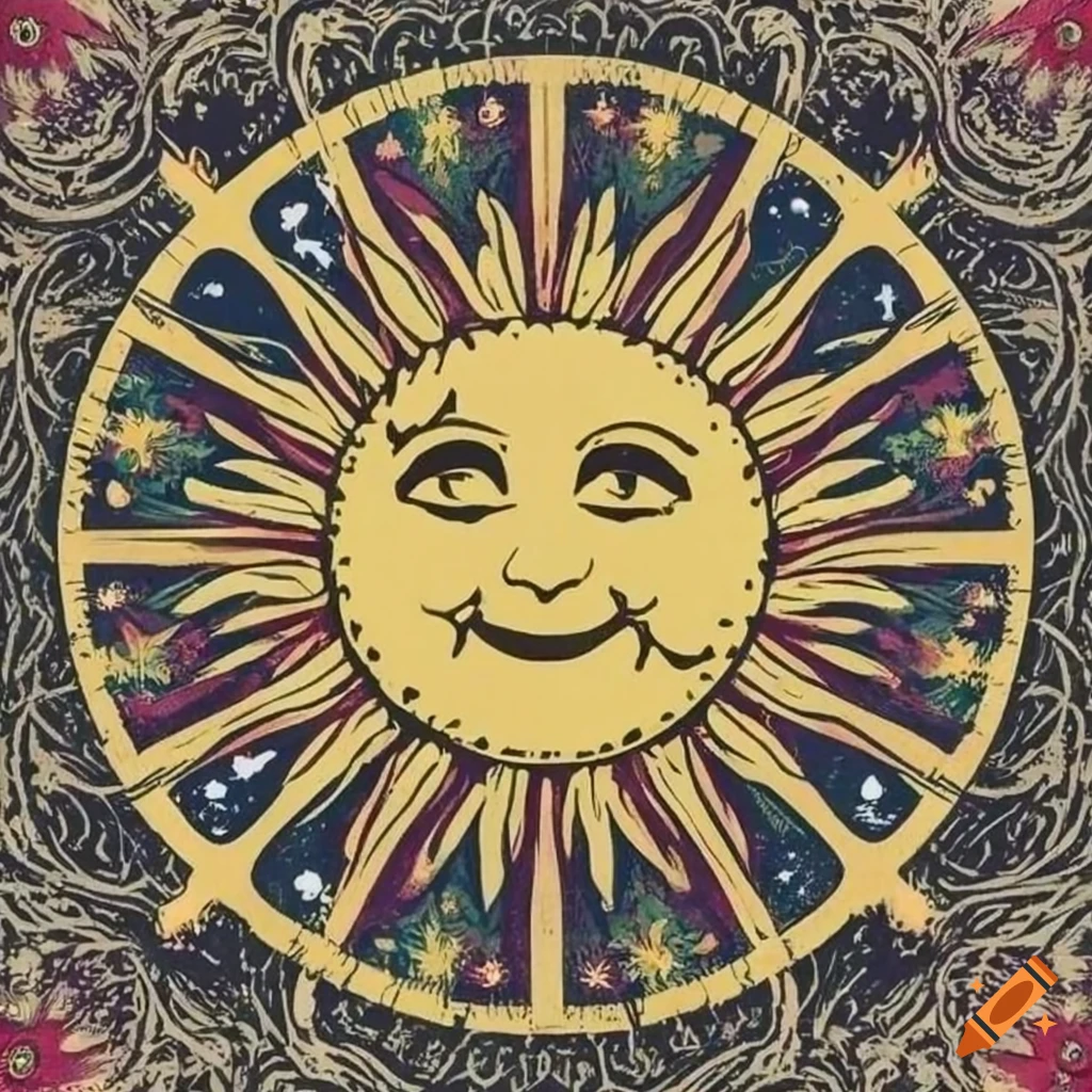 Smiling sun with colorful floral engraving on Craiyon