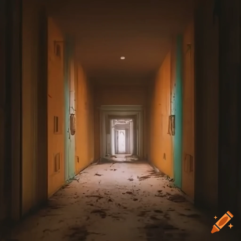 Endlessly long abandoned liminal office in golden fog on Craiyon