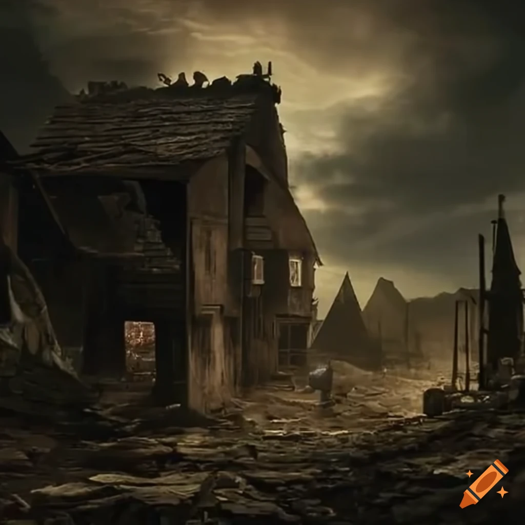 Destructed pastoral village in a void on Craiyon