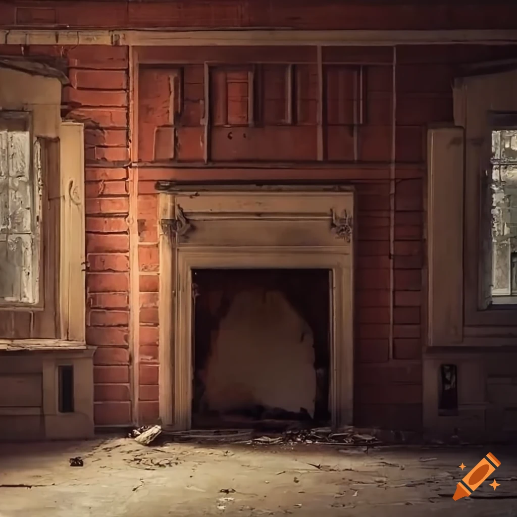 Sunny abandoned room with fog and ornate brick fireplace on Craiyon