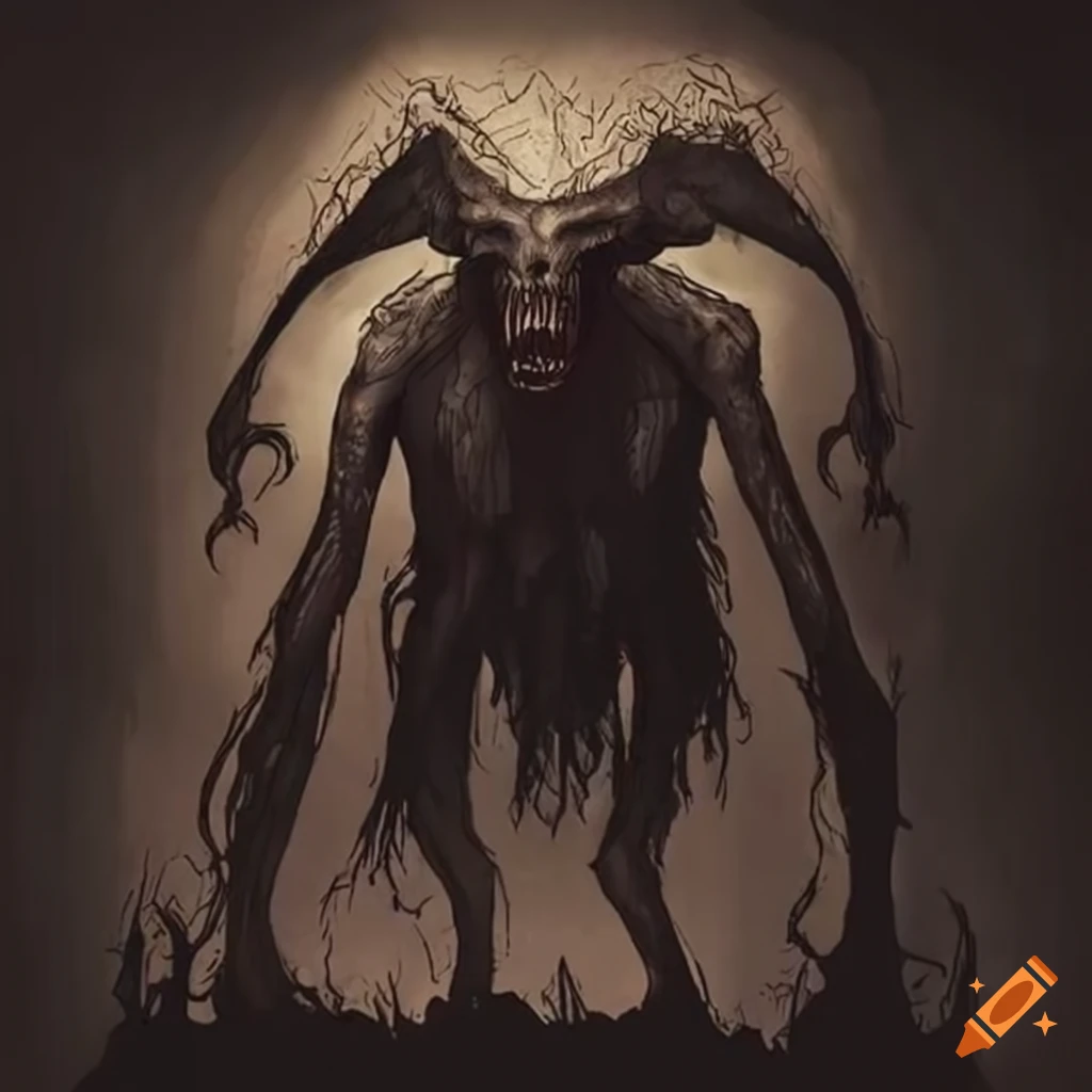 Giant humanoid monster with demon and bird-like features in a wasteland ...