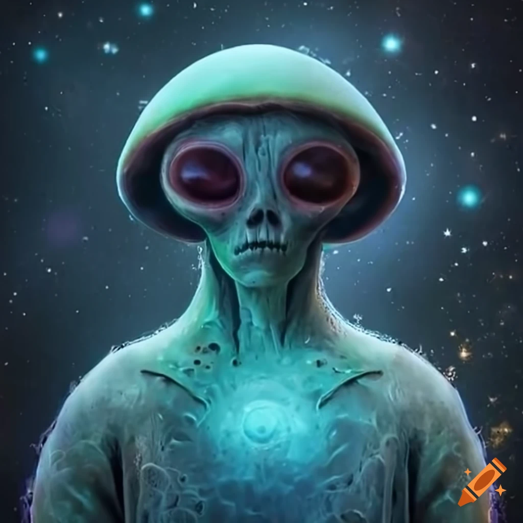 Ghost alien mushrooms traveling through outer space on Craiyon