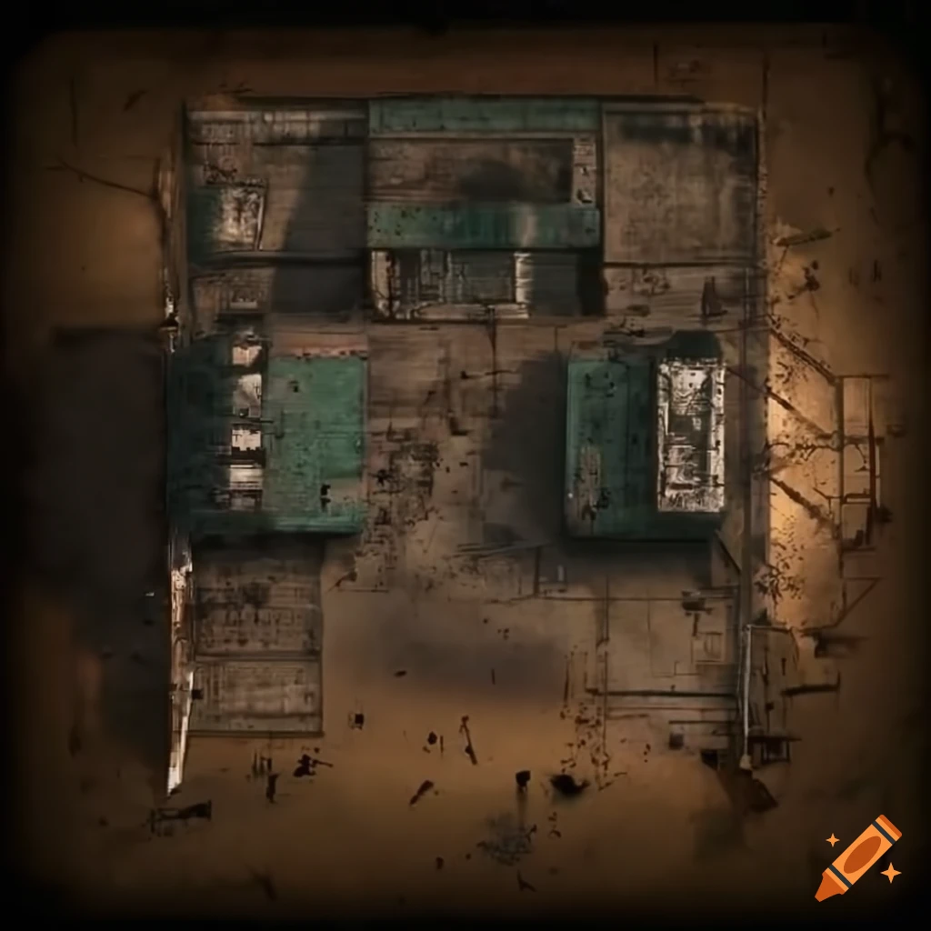 Overhead view of a post-apocalyptic game base on Craiyon