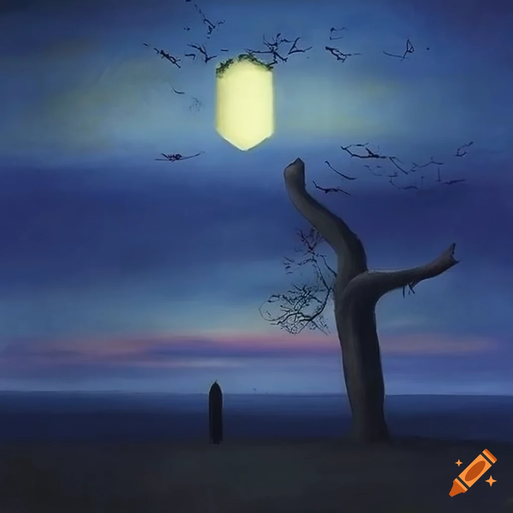 Rene magritte's artwork of flying horse trees with twisting branches on ...