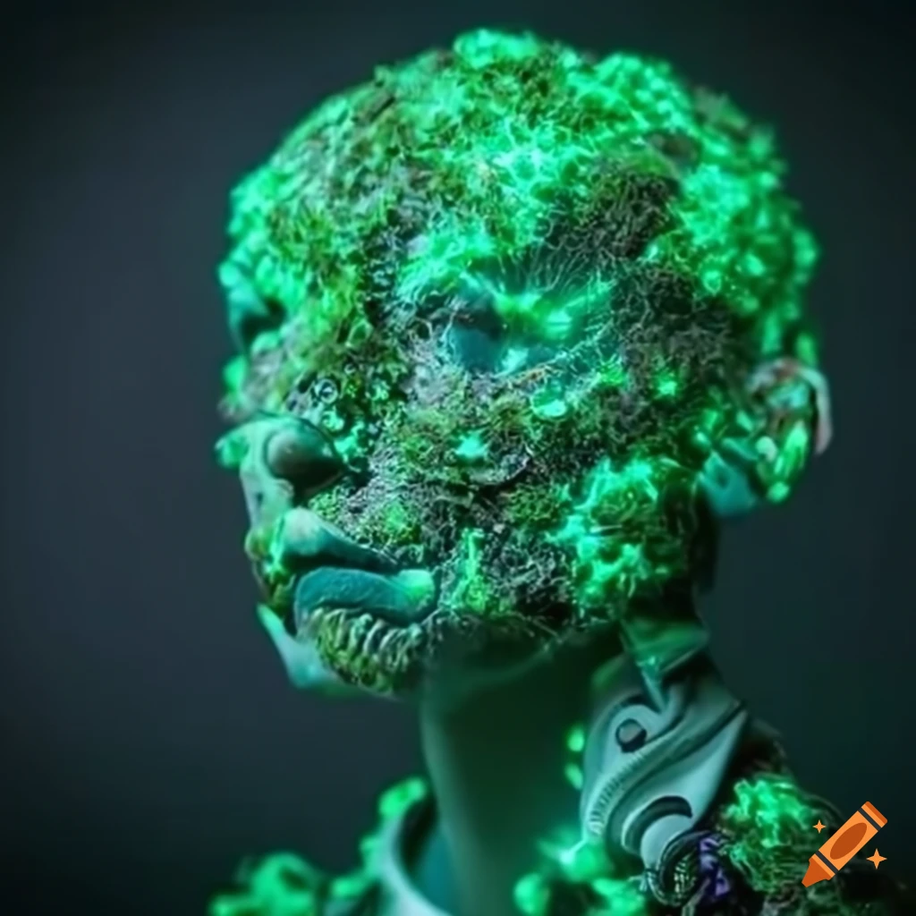High-tech biopunk cyborg covered in glowing moss in futuristic ...