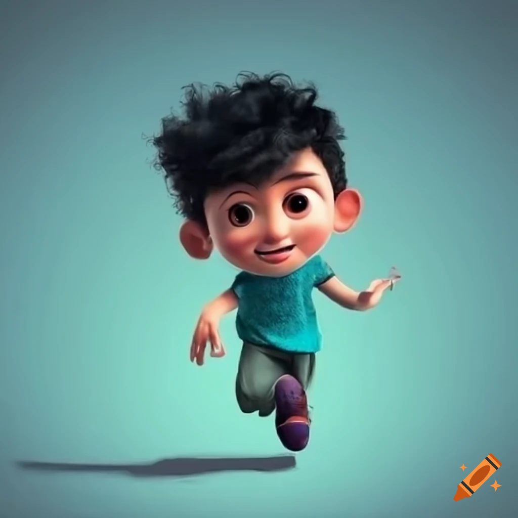 Boy with black hair walking and smiling in pixar style on Craiyon