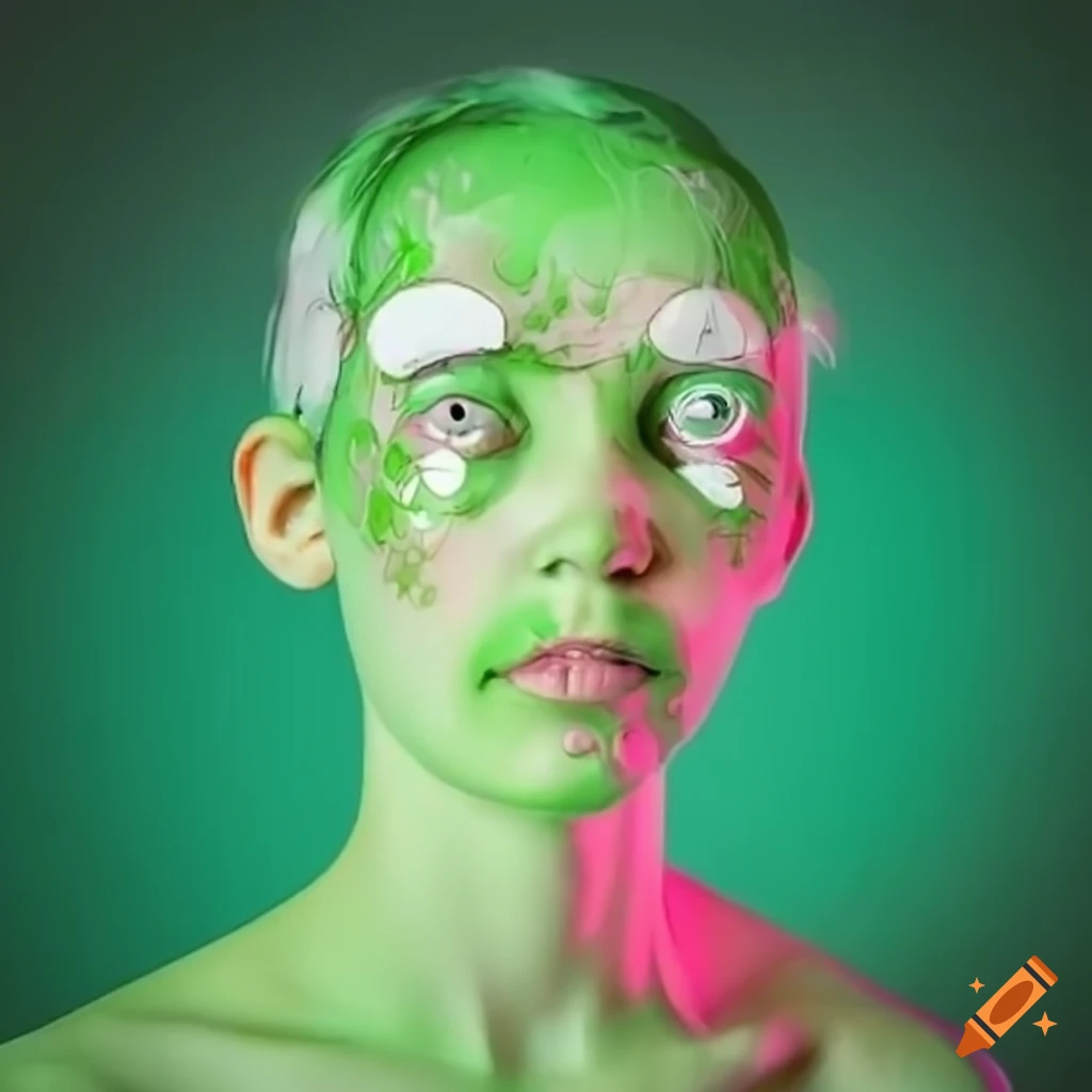 Confused odd-looking cartoon character in green, white, and pink colors ...