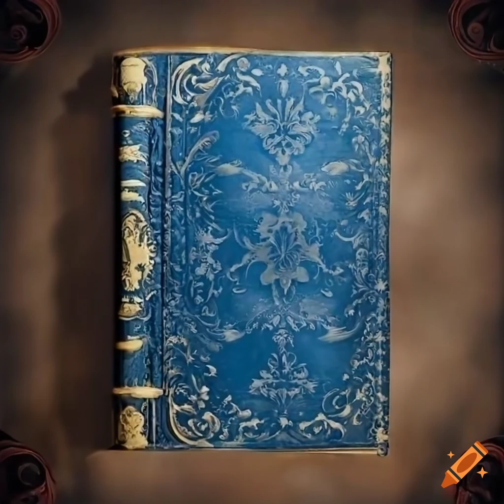Highly decorated vintage blue magical book with intricate details on ...