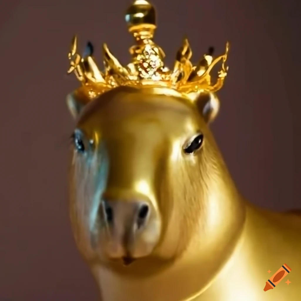 Crowd bowing to golden capybara statue with a crown on Craiyon