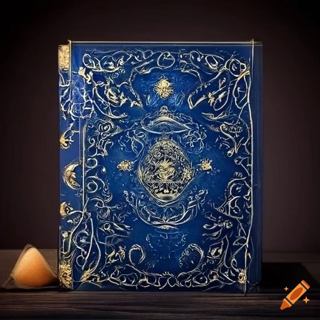 Decorated blue leather tome with magical symbols and fictional creature ...